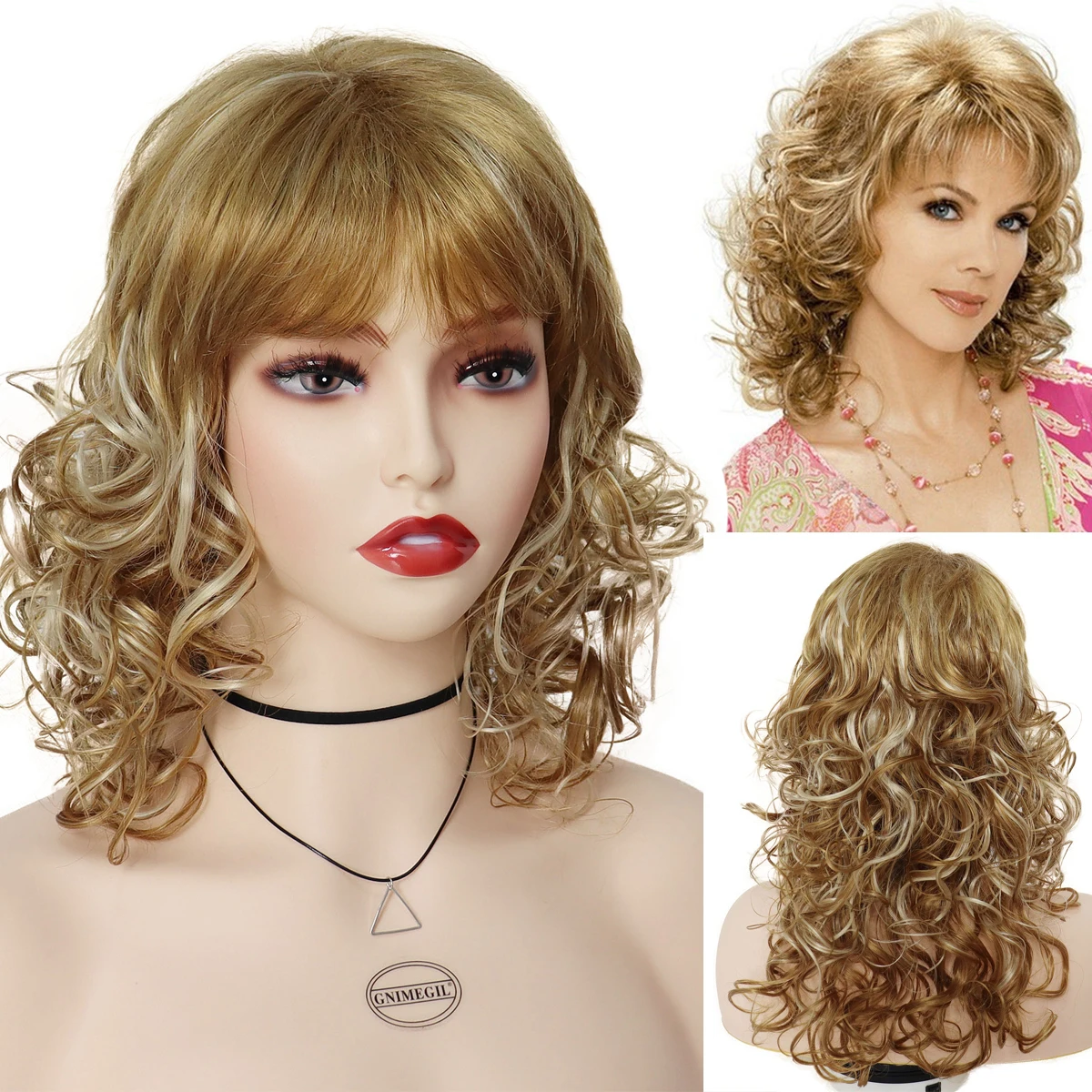 GNIMEGIL Synthetic Wigs for Women Blonde Long Curly Hair Wig with Bangs ...
