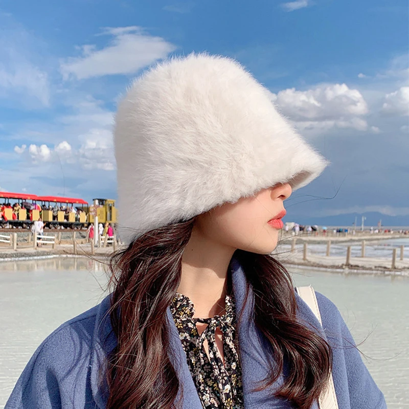 Soft Rabbit Fur Fluffy Bucket Hat For Women Autumn Winter Warm Plush ...