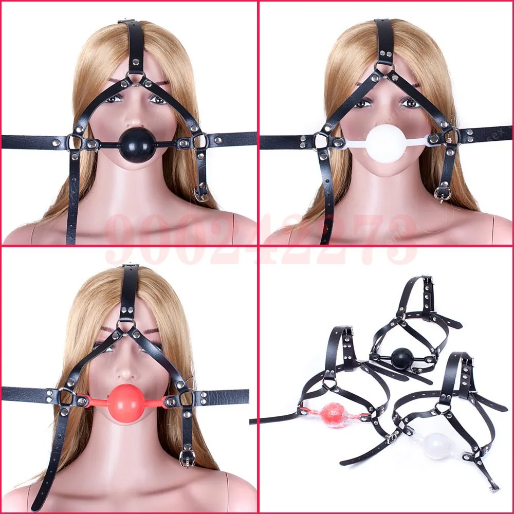 48mm Large Silicone Ball Gag Open Mouth Plug Leather Head Harness BDSM Bondage Slave Muzzle Oral ...