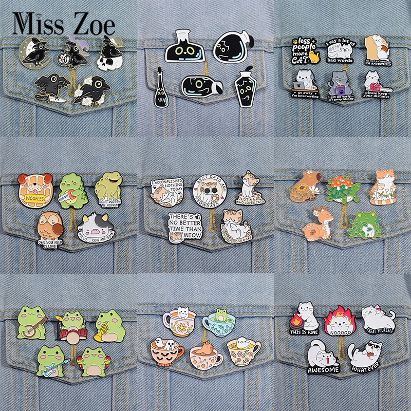 Cartoon-Animals-Enamel-Pins-4-6-pcs-set-Black-And-White-Cat-Frog-Crow ...