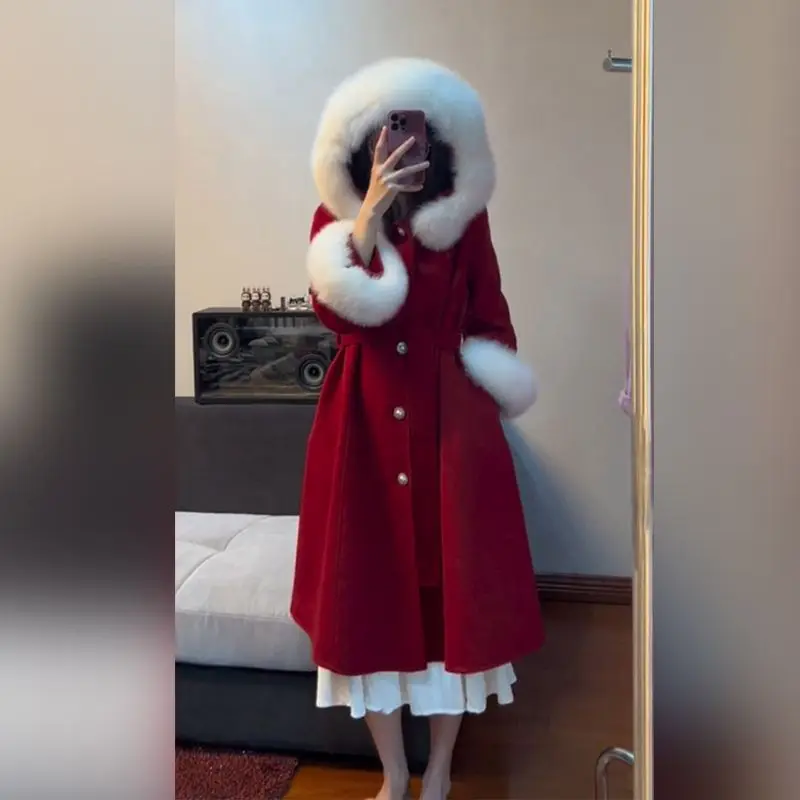 Sweet-Hot-Girl-New-Year-Red-Fur-Spliced-Woolen-Coat-Women-s-Winter ...