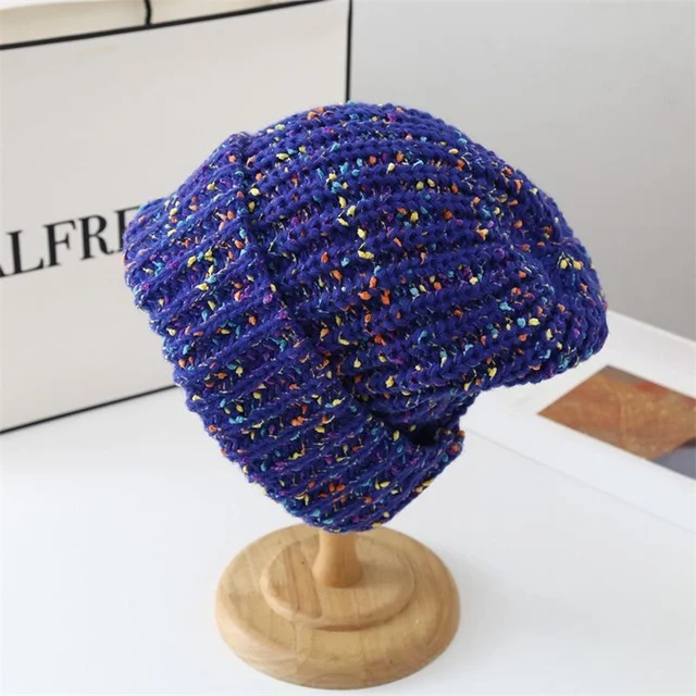 Korean Women's Big Head Loose Wool Hat Rainbow Colorful Mixed-color ...