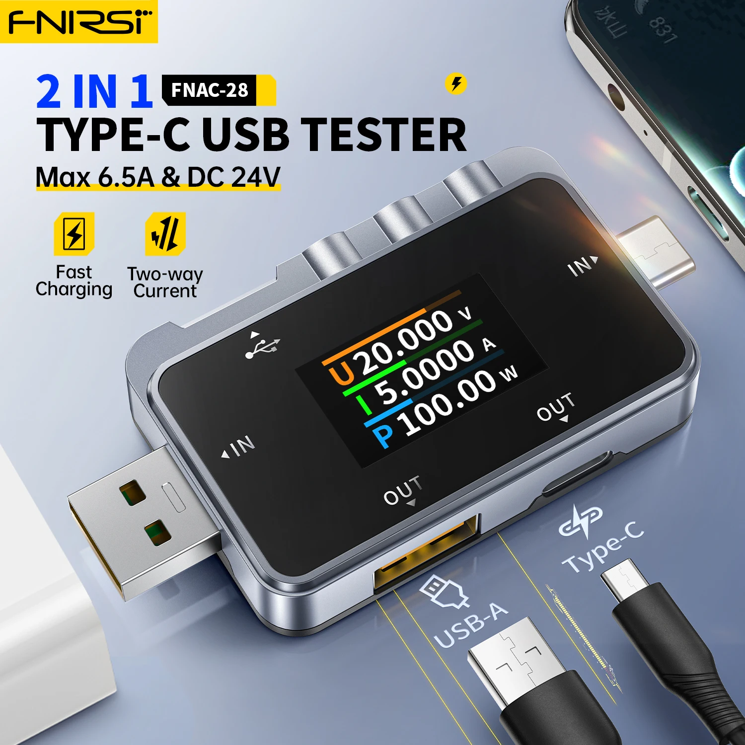 FNIRSI FNAC-28 6.5A type-c USB testeur voltmètre numérique ampèremètre ...