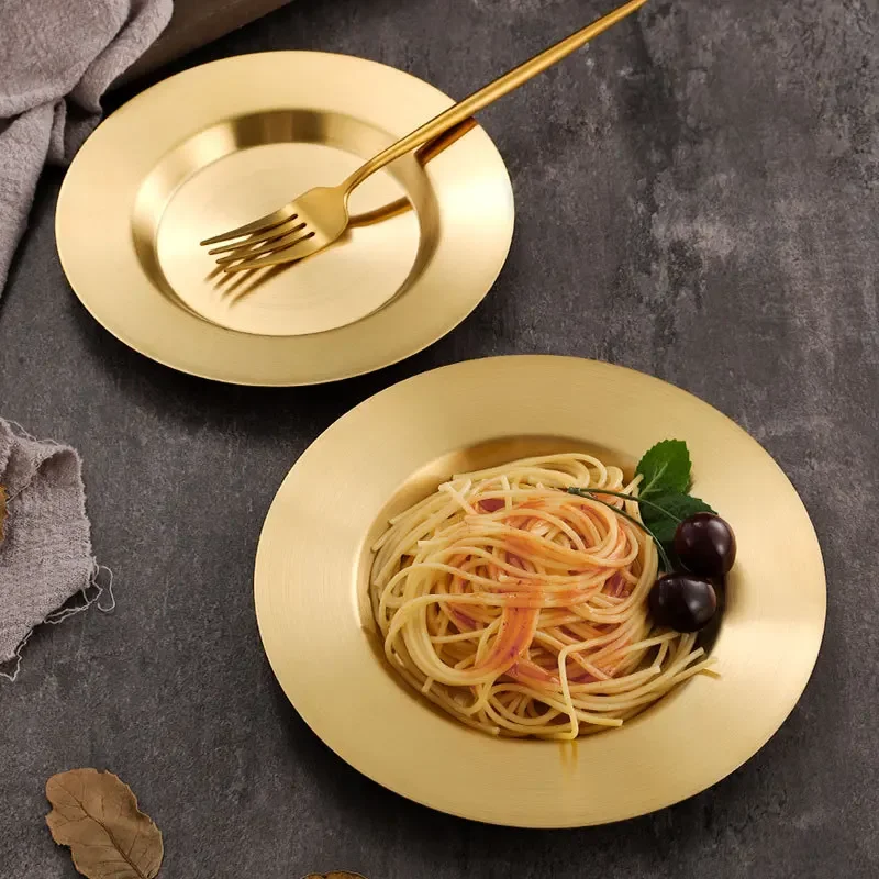 Korean-Stainless-Steel-Disc-Gold-Western-Plate-Dessert-Cake-Flat-Dinner ...