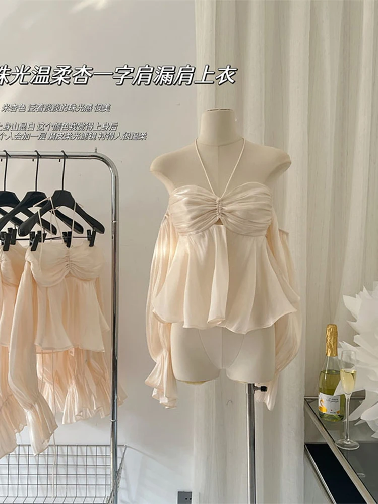 French Style Retro Solid Color Women Chiffon Shirt Pleated Slash Neck ...