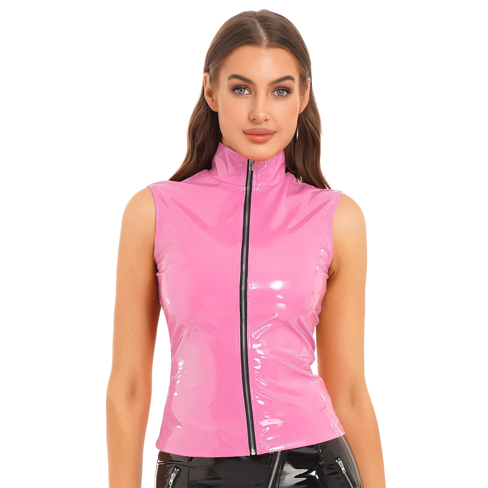 Women-s-Patent-Leather-Vest-Wet-Look-Zipper-Front-Tank-Top-Punk-Shiny ...