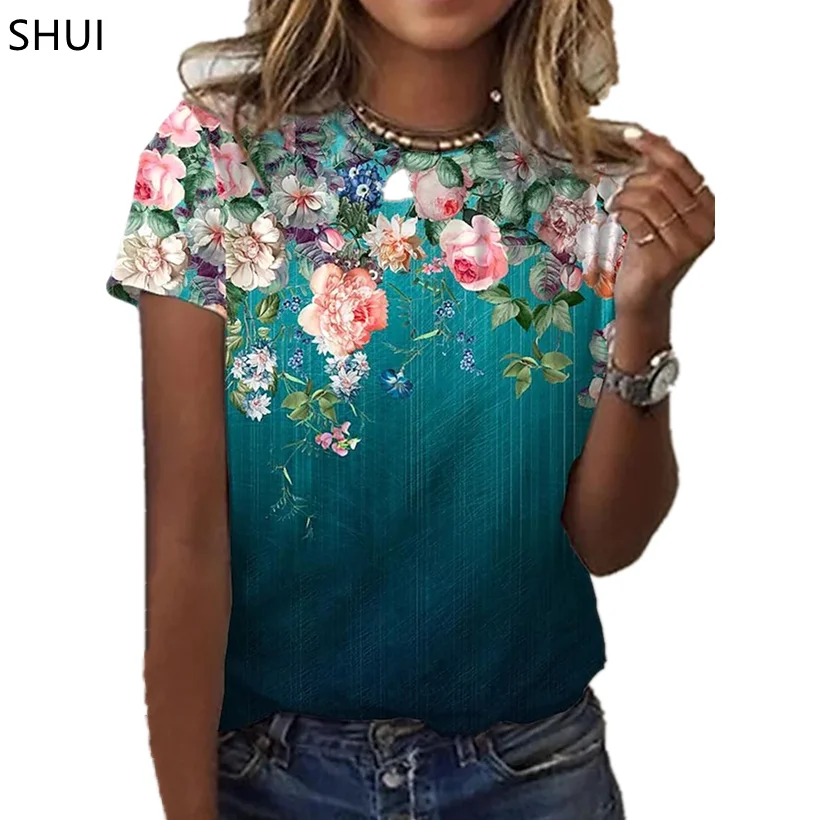 2021 New Women's Rose Flower Pattern Printing Top Fashion Summer Short ...