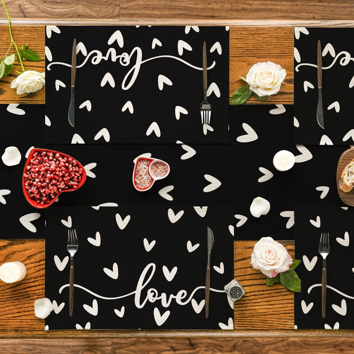 1/4/5/6/7pcs Valentine's Day placemats and table flags, black and white ...