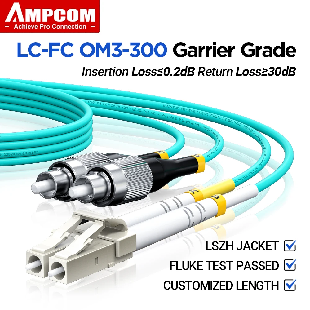 AMPCOM LC to FC UPC OM3 Fiber Optic Patch Cable Multi Mode Duplex, 50 ...