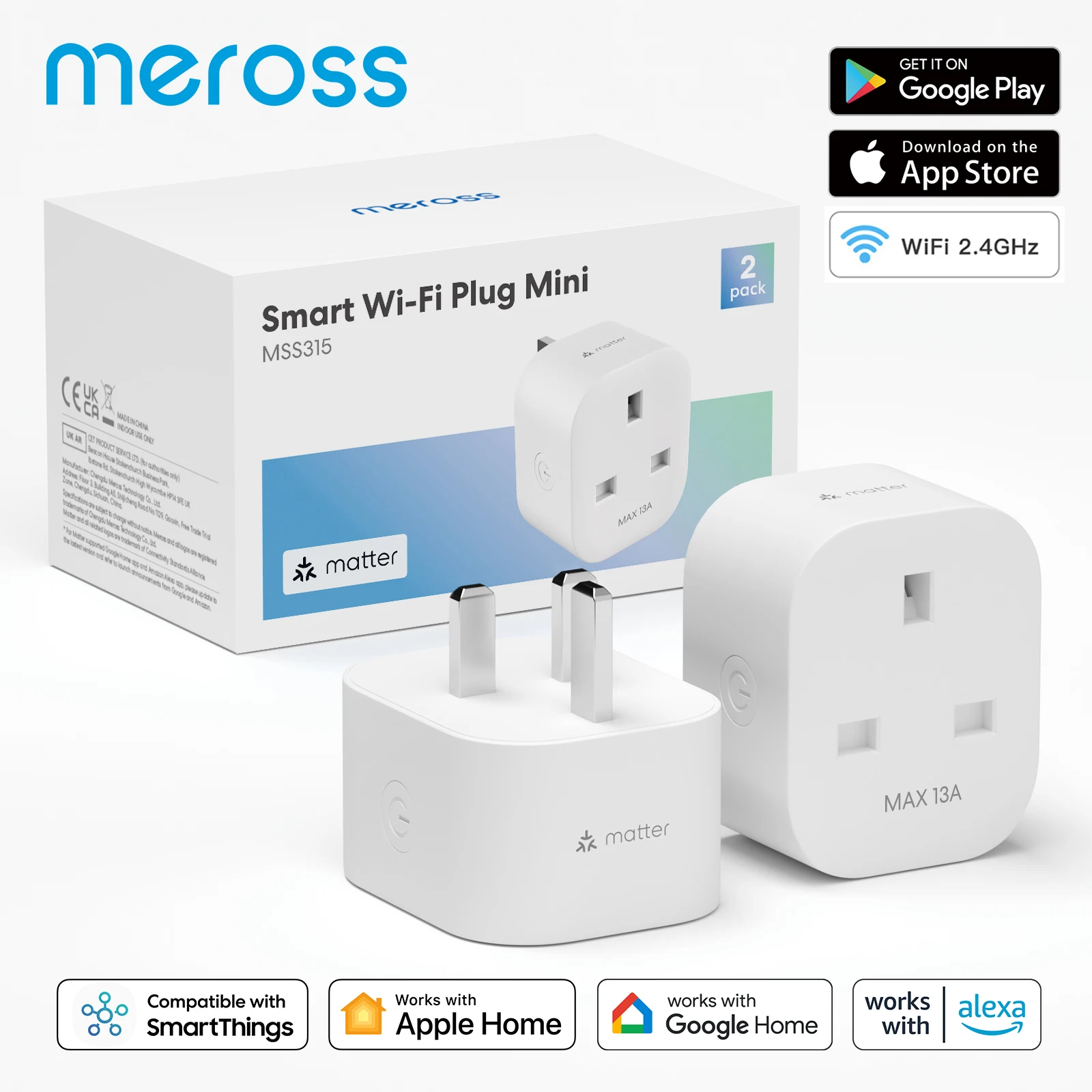 Meross 2 Pack 16A Matter Smart WiFi UK Plug with Energy Monitor Timer ...