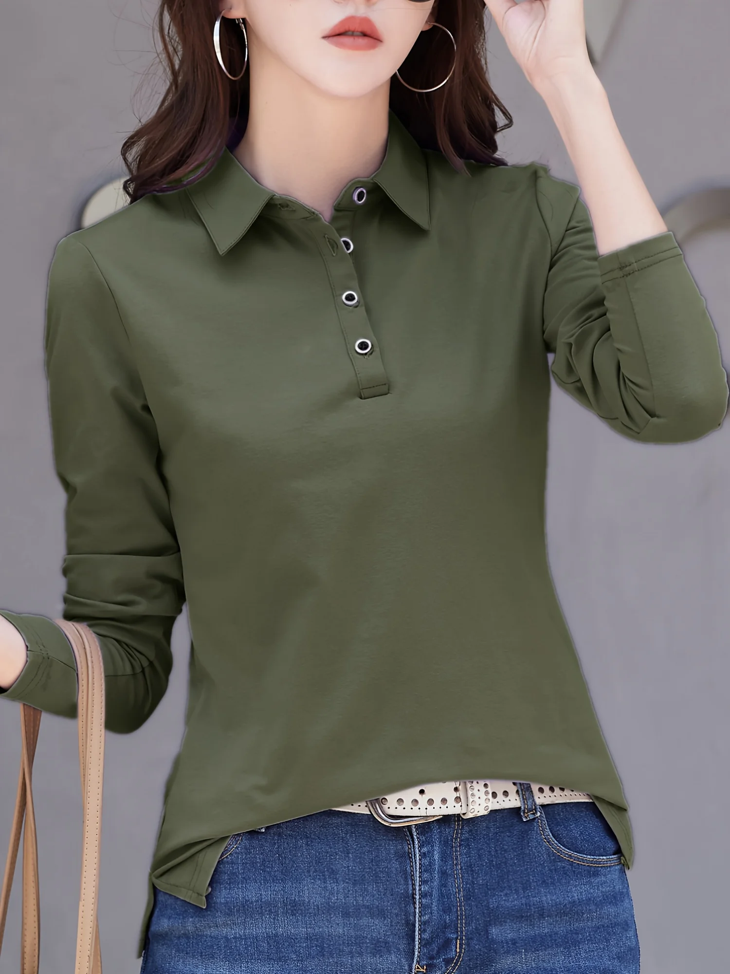 Solid Button Front T-shirt, Regular Fit Versatile Long Sleeve Simple T ...