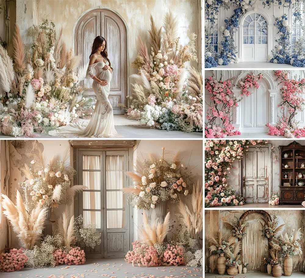Boho Pink Floral Arch Wooden Door Photography Background Decor Birthday ...