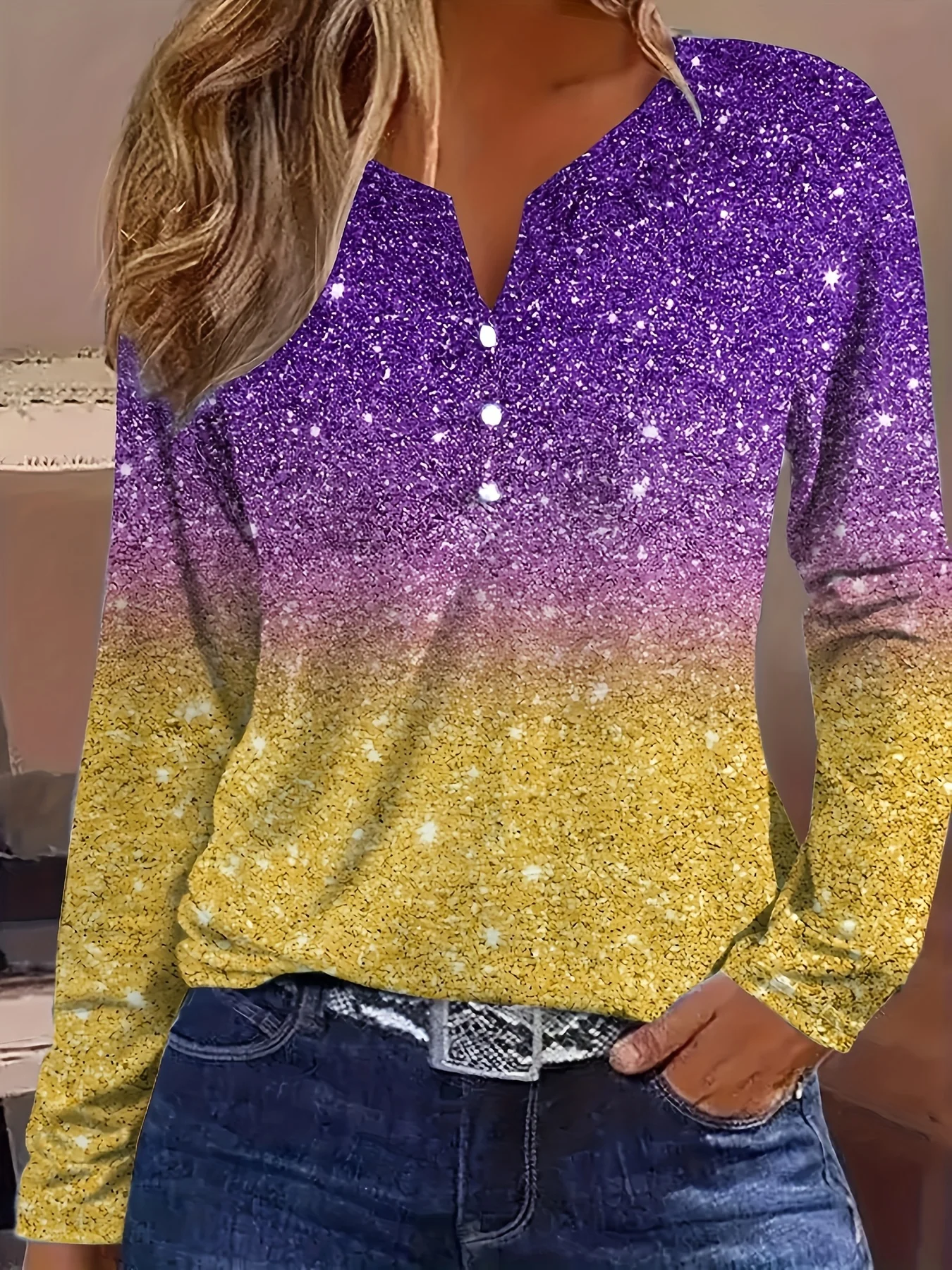 Plus-Size-Colorblock-Print-Button-Front-T-Shirt-Casual-Long-Sleeve-Top ...