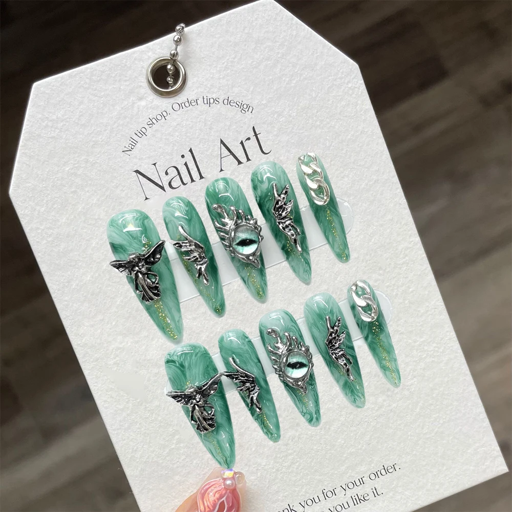 Handmade-Fake-Nails-Green-Winged-Angel-Long-Pointed-And-Rounded-With ...