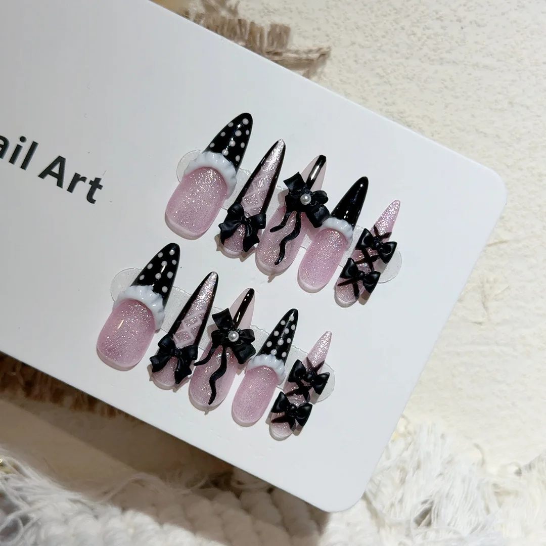 10pcs Handmade Press on Nails with Black Bow Design French Almond Fake ...