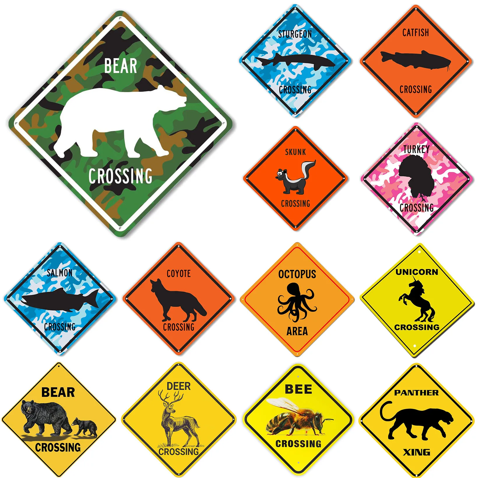 Metal-Yellow-Caution-Warning-Road-Street-Signs-Bear-Deer-Bee-Unicorn ...