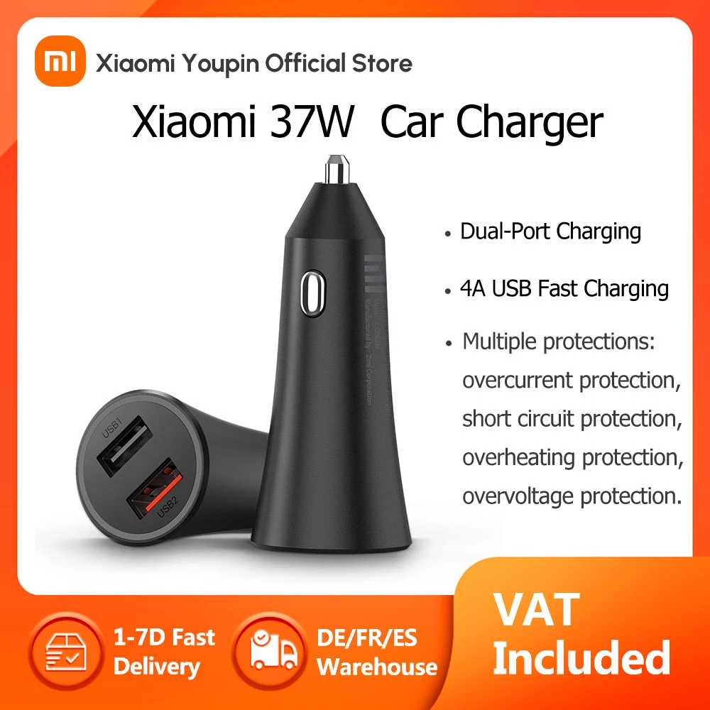 Xiaomi cargador rápido de coche de 37W, cargador de doble puerto, 4A, USB, para Xiaomi, iPhone ...
