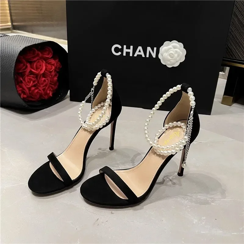 Summer-Black-Sexy-High-Heel-Sandals-Versatile-Thin-Heel-Open-Toe-Pearl ...