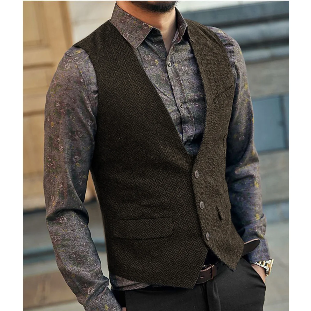 Slim-Mens-Vest-Tweed-Waistcoat-Vest-Vintage-Herringbone-V-neck-Casual ...