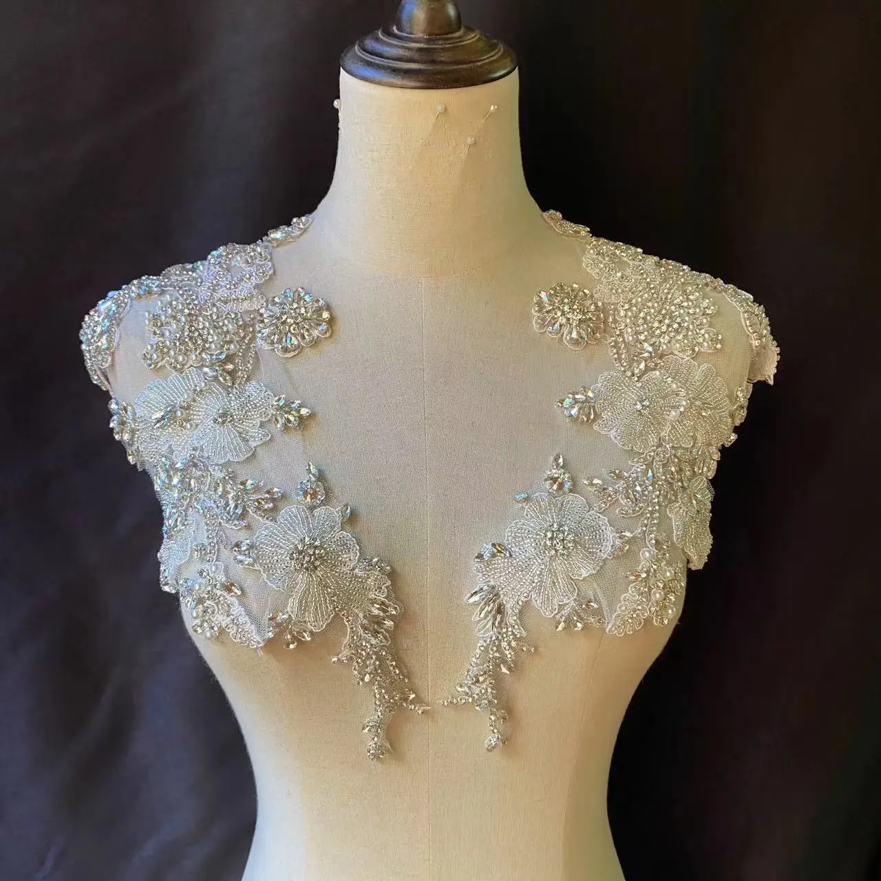 1 Pair Silver Bead Flower Bodice Patch Handmade Rhinestone Applique for ...