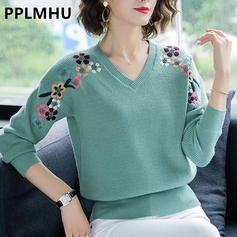 Slim V-neck Flower Embroidery Knitted Pullovers For Women Fashion ...