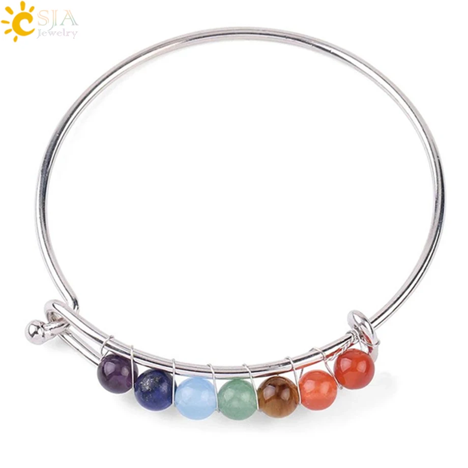 CSJA Reiki Natural Stone 7 Chakra Bangle Gold Silver Color Copper Open Cuff Bangles for Women ...
