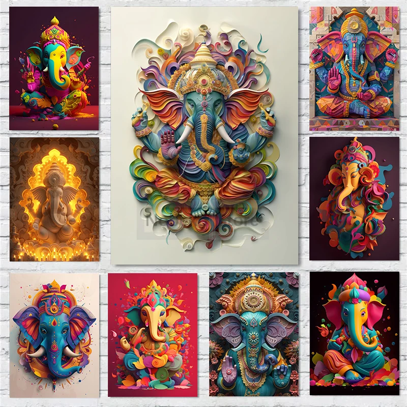 Ganesha God Abstract Paper Art Style Colorful Hindu Deity Poster and ...