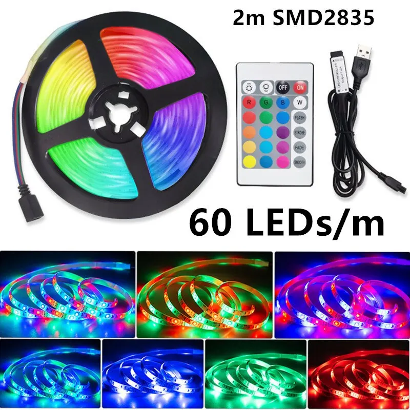 60LEDs/m USB LED Lights Strip Tape 2m 2835 24 Key IR Remote Control for Kitchen Closet Bedroom ...