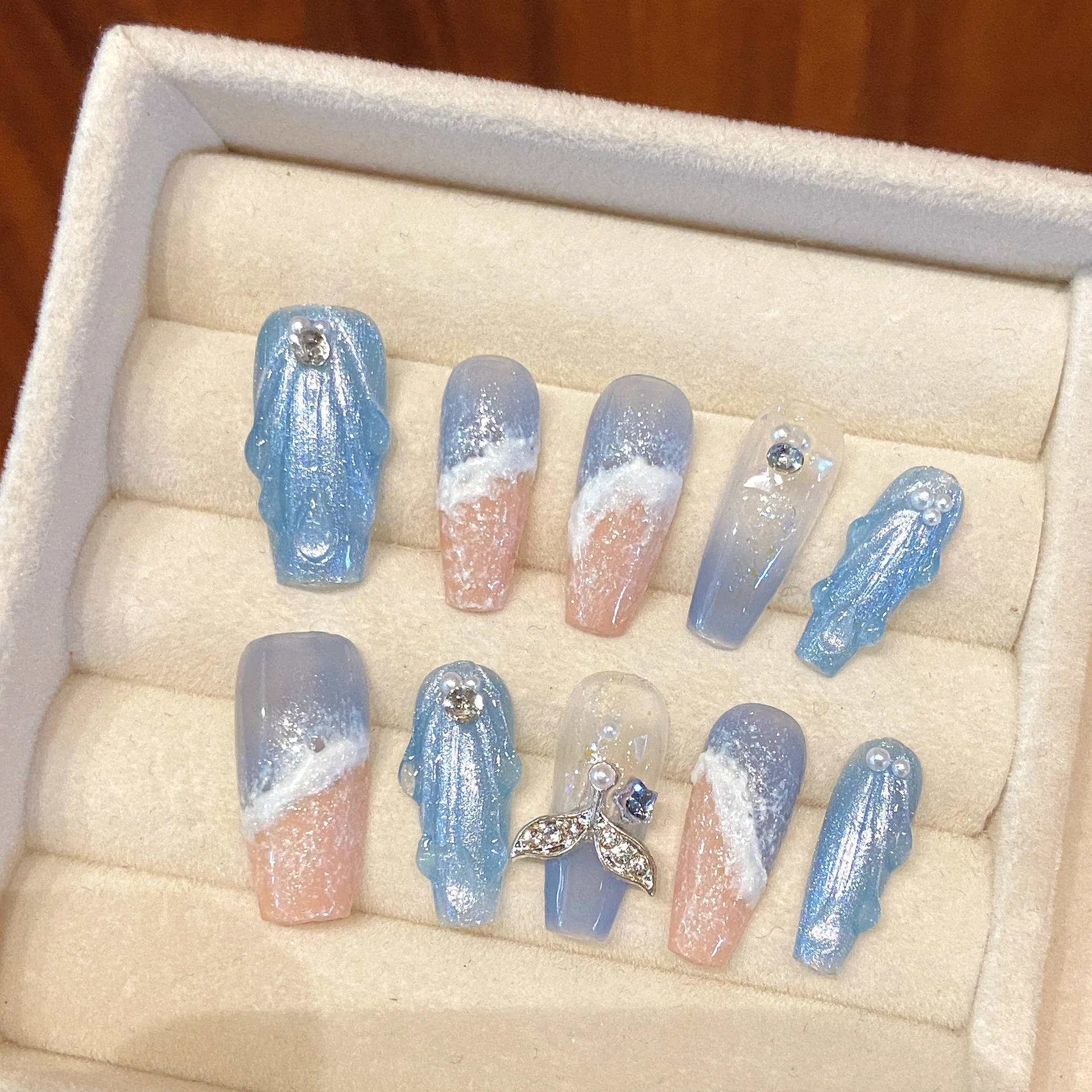 Glossy Blue Handmade Press on Nails Mermaid Tail Pearls Diamond Designs ...