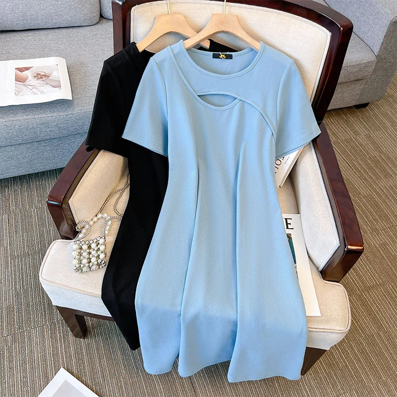 Plus-Size-9XL-150KG-Women-Summer-Dress-Short-Sleeve-Blue-Black-Elegant ...