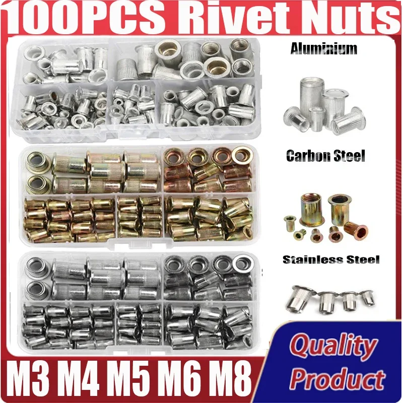 100pcs-M3-M4-M5-M6-M8-Flat-Threaded-Rivet-Nuts-Stainless-Steel-Aluminum ...