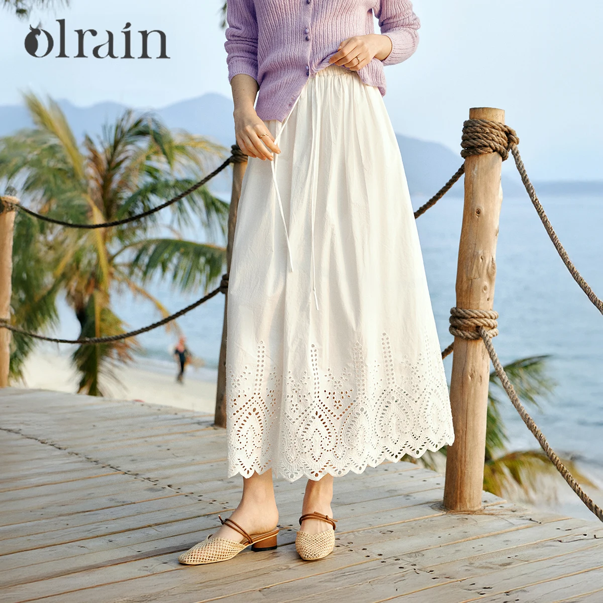 OLrain White A-line Skirt Elegant Pure Cotton Hollow Out Skirts 2026 ...