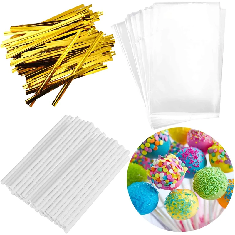 100pc Lollipop Stick Cake Pop Snack Bag Wrap Snack Bars Golden Metal ...