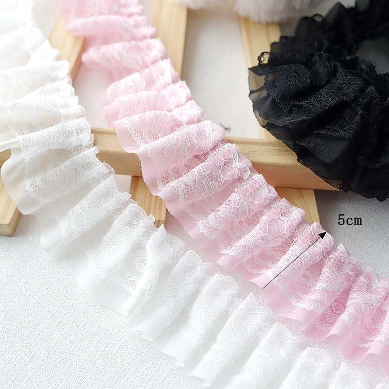 5CM Wide Double Layers Chiffon Pleated Lace Fabric Needlework Frilled ...