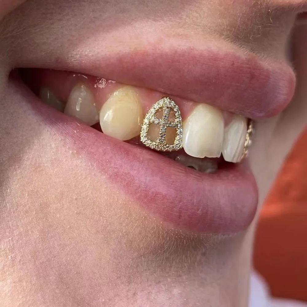 RACHELZ-Hollow-Cubic-Zircon-Cross-Teeth-Grillz-Hip-Hop-Gold-Silver ...