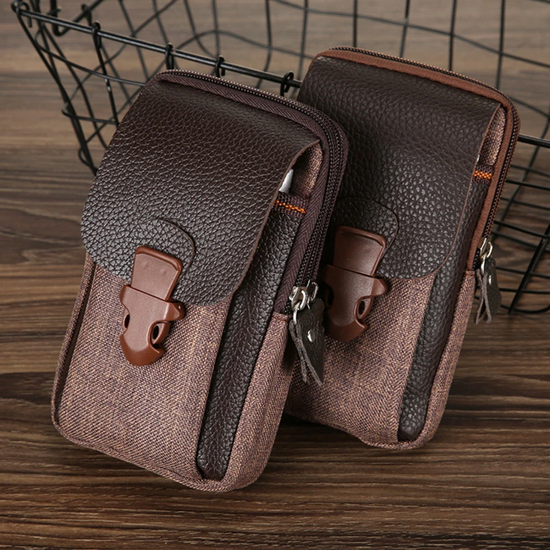 Black-Men-s-Mobile-Phone-Bag-Pu-Leather-Double-Zipper-Men-s-Waist-Bag ...