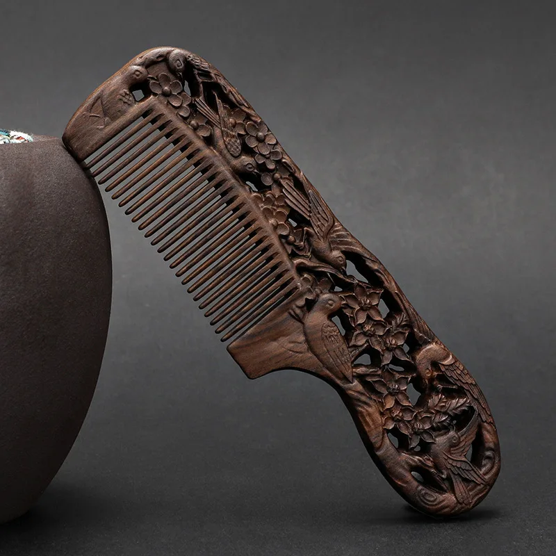 Ebony handle double sided carved comb fine toothed whole wood antique ...