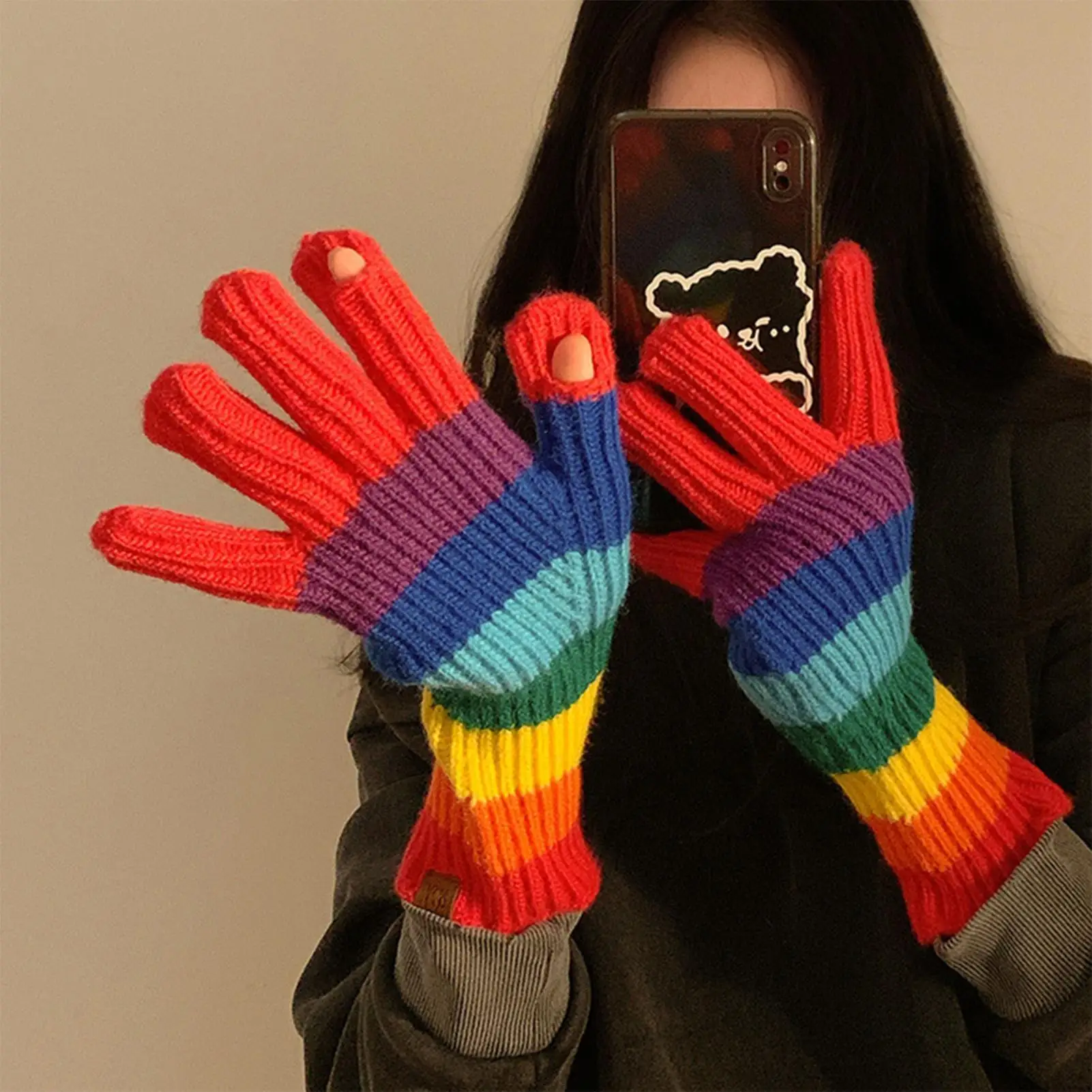 Knitting Gloves Touchscreen Cold Weather Rainbow Mittens Women Winter ...
