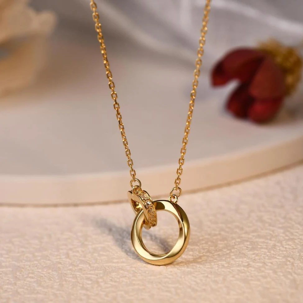 Fashion Golden Color Double Ring Interlocking Clavicle Chain Necklace ...