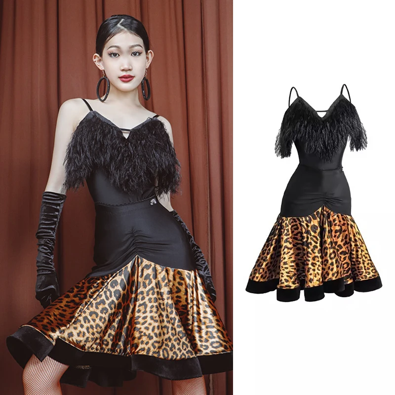 Sexy-Latin-Dance-Costume-Feather-Bodysuit-Leopard-Skirt-Backless-Rumba ...