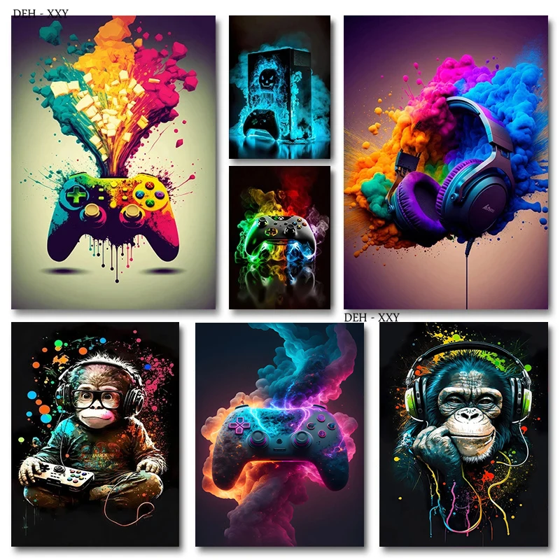 Gamer Gift Gaming Headphones Video Game PS Controller Monkey Canvas ...