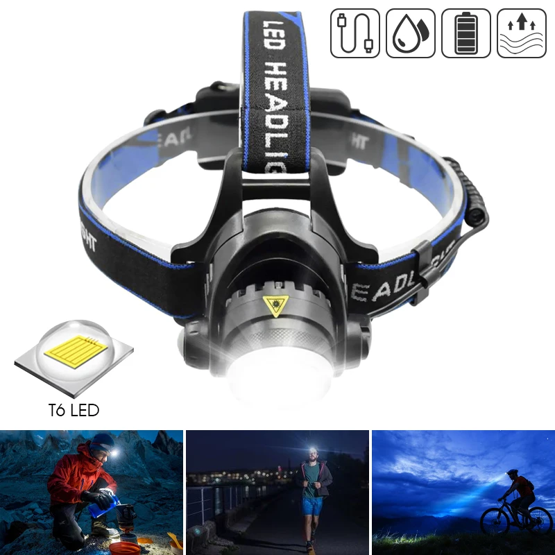 6000 루멘 충전식 방수 헤드 램프 줌이 가능한 3 모드 LED 헤드 라이트, 헤드 램프 작업 LED 헬멧 헤드 라이트 토치 손전등