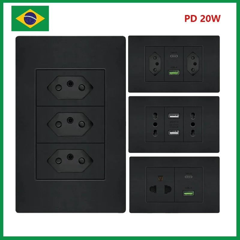 Universal-USB-Smart-Wall-Socket-Brasil-Black-US-Type-C-20A-Fast ...