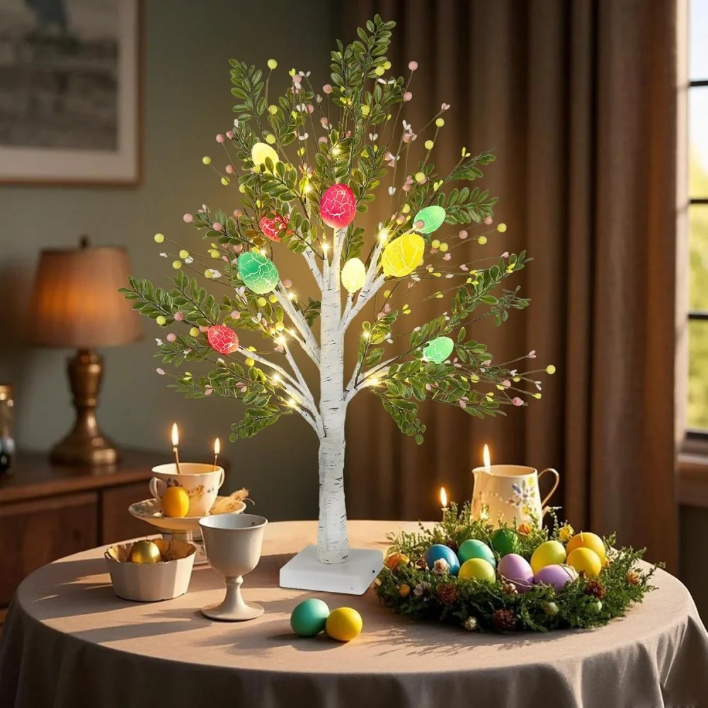 Easter White Birch Tree Light Colorful Easter Eggs Flower Branch ...