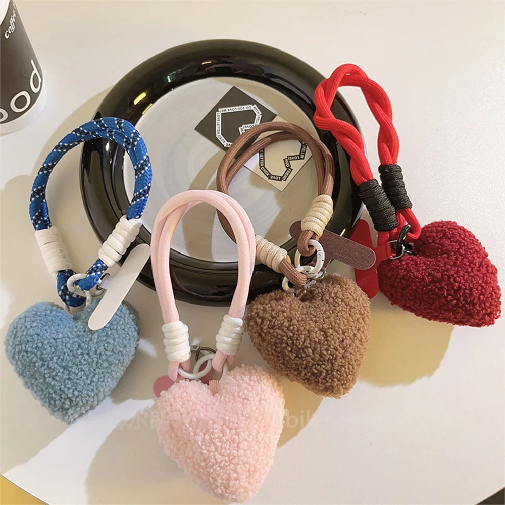 Plush-Love-Heart-Lanyard-Keychains-Key-Chain-Rings-Phone-Strap-Mesh ...