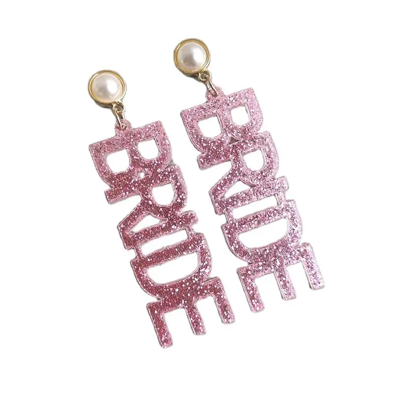 Popular Fashion BRIDE Letter Earrings Bridesmaid Wedding Pearl Stud ...