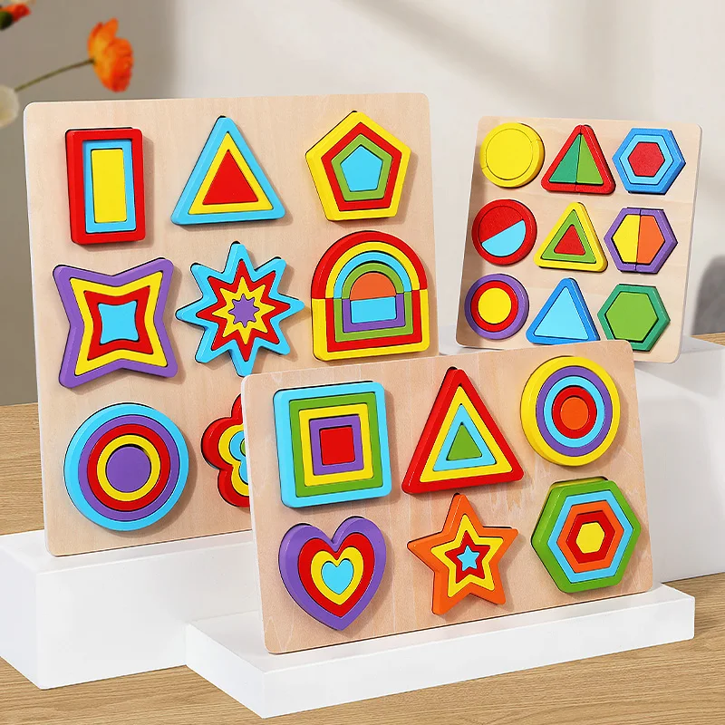 Wooden Geometric Shapes Colorful Montessori Puzzles Cognitive 3D ...