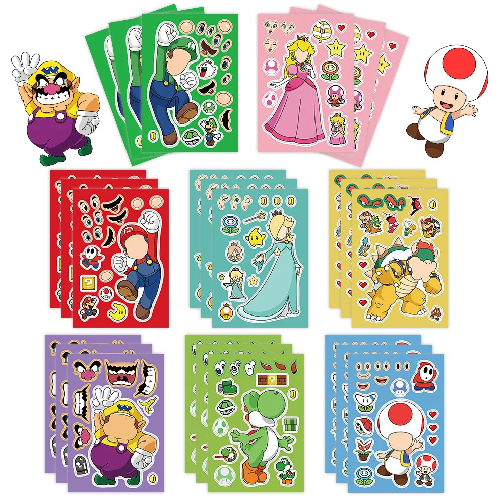 8 Sheets Anime Super Mario Bros Puzzle Stickers Game Kawaii Make A Face ...