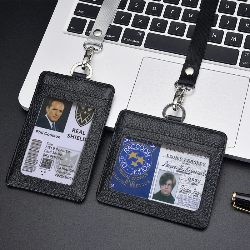 New-Genuine-Leather-Black-Real-Leather-ID-Card-Badge-Holder-Staff-Work ...
