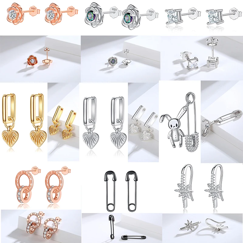 925 Silver Heart Rose Flower Crucifix Earrings Circle Zircon Rabbit Sterling Earring For Women ...